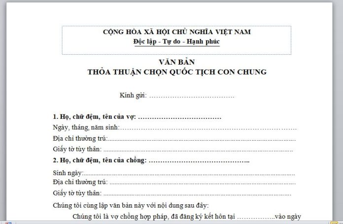 Mẫu văn bản thỏa thuận chọn quốc tịch cho con | Anzlaw